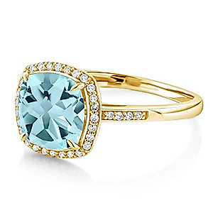 Gem Stone King 10K Yellow Gold Sky Blue Topaz and Diamond Engagement Ring For Women (2.74 Cttw, Gemstone Birthstone, Cushion Cut 8MM, Available in size 5, 6, 7, 8, 9)