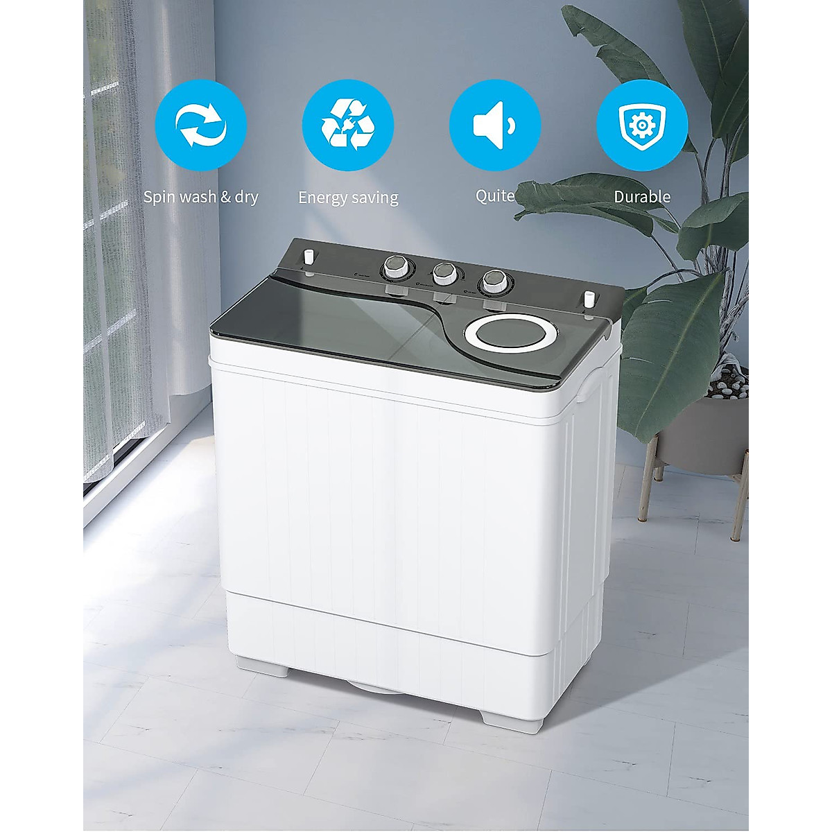 LEADZM 26LBS Portable Washing Machine, Washer(18Lbs) and Spinner(8Lbs), Mini Compact Twin Tub Washer and Dryer Combo with Pump Draining, Great for Dorms Apartments RV Camping (White & Grey)