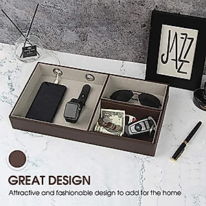 JACKCUBE DESIGN Nightstand Organizer for Men, Leather Valet Tray Key Wallet Phone Watch Glass Holder with 2 Charging Holes (Dark Brown, 14.2 x 7.7 x 2 inches) - MK234A
