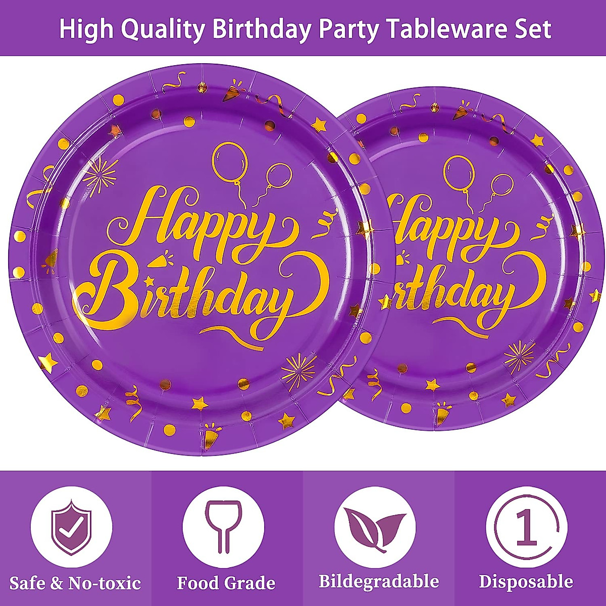 168PCS Purple Birthday Decorations, Purple and Gold Birthday Plates and Napkins Party Supplies--Disposable Purple Birthday Paper Plates,Cup,Napkin,Cutlery for Purple and Gold Birthday Party Decoration