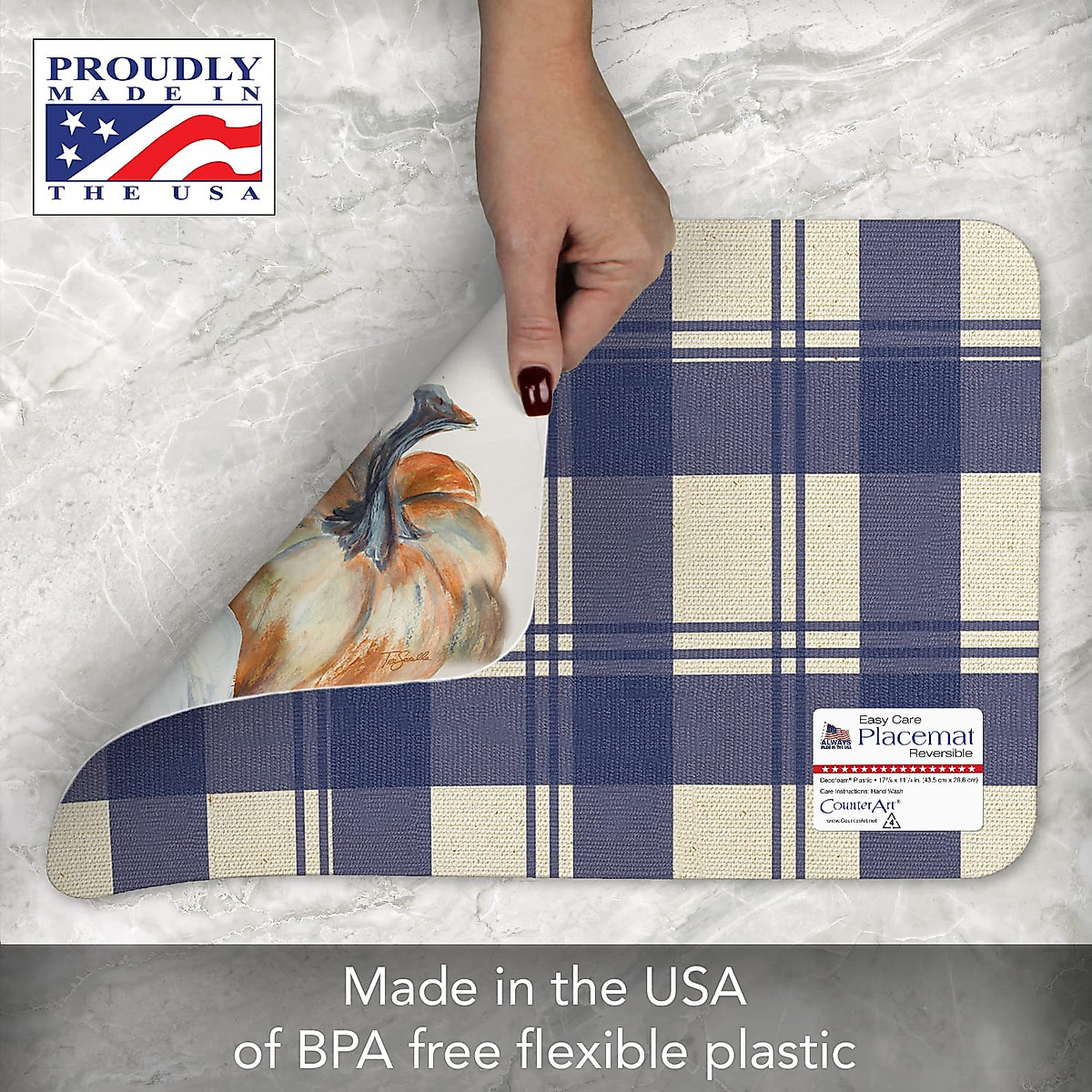 CounterArt Pumpkin Blues 4 Pack Reversible Easy Care Flexible Plastic Placemats Made in The USA BPA Free PVC Free Easily Wipes Clean