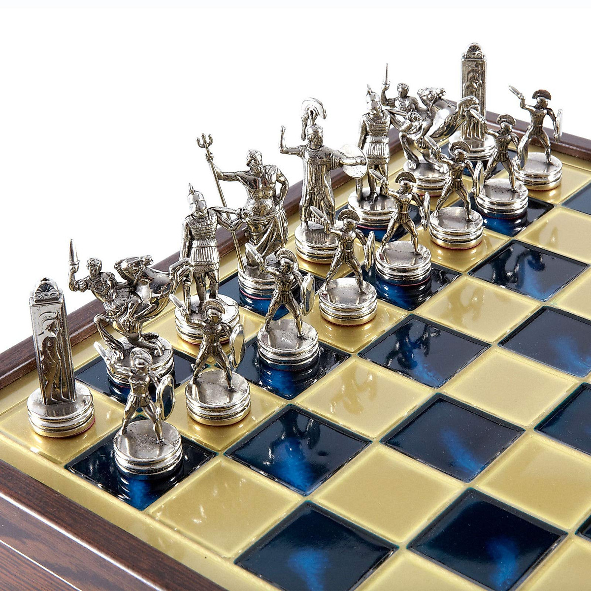 Manopoulos Greek Mythology Chess Set - Brass&Nickel - Wooden case Blue Board