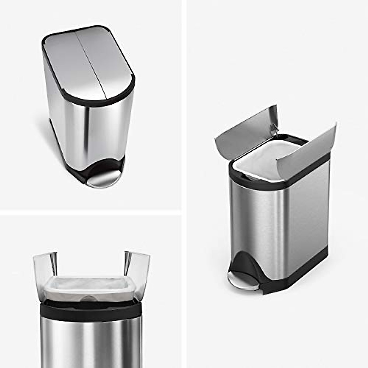 simplehuman 10 Liter / 2.6 Gallon Butterfly Lid Bathroom Step Trash Can, Brushed Stainless Steel with Black Trim