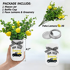 Farm Fresh Lemons Kitchen Decor Mason Jar Floral Arrangement Table Centerpiece with Artificial Fake Lemons Branch Buffalo Plaid Bowknot Summer Lemonade Farmhouse Display for Spring Home Tiered Tray