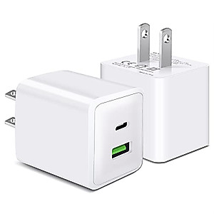2 Pack USB C Wall Charger, PLSFLICK 20W Dual Port Power Delivery Fast Type C Charging Block Plug Adapter for iPhone 14 13 12 Pro Max Mini XR XS SE, Ipad, Airpods, Samsung Galaxy(White)