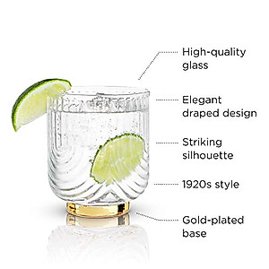 Viski Gatsby Lowball Glasses, Vintage Drinking Tumblers for Whiskey, Scotch & Bourbon, Art Deco Ripple Glassware Arch Design, Gold Plated Base Crystal Drinking Set, Set of 2 , 12oz