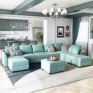 HONBAY Oversized Modular Sectional Sofa with Storage Reversible Sectional Couch Modular Sofa with Chaise U Shaped Sectional Set with Ottoman for Living Room, Aqua Blue