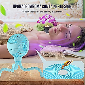Stroller Fan Upgraded Handheld Personal Fan Battery Operated Mini Portable Fan with LED Light Aromatherapy, Flexible Tripod Clip On Fan with 3 Speeds Versatile Fan for Car Seat Crib Bike Desk (Blue)