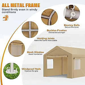 Betterland Carport, 10'x 20' Heavy Duty Carport Canopy，Outdoor Portable Garage with 2 Roll-up Doors & 4 Mesh Windows,All Weather Outside Car Shed for Car, Pickup,and Boat, Khaki