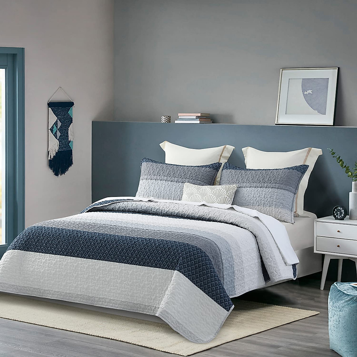 DURLENGEN Quilt Set California King Size 3Pcs, Blue & Navy Striped Patchwork Pattern All Season Lightweight Coverlet Sets(Cal King 112x104, Blue Patchwork)