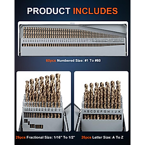 COMOWARE Cobalt Drill Bit Set- 115Pcs M35 High Speed Steel Twist Jobber Length for Hardened Metal, Stainless Steel, Cast Iron and Wood Plastic with Metal Indexed Storage Case, 1/16" - 1/2"