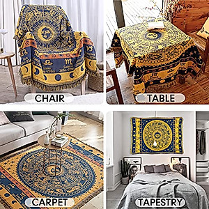 MayNest Boho Woven Throw Blanket Reversible Cotton Bohemian Tapestry Hippie Room Decor Witchy Astrology Zodiac Celestial Constellation Carpet Bed Chair Couch Sofa Cover Double Sided (Yellow, 51x71)