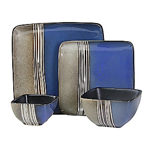 Elama Square Stoneware Loft Collection Dinnerware Dish Set, 16 Piece, Blue and Tan with White Accents