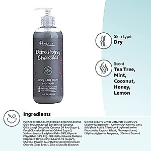 RENPURE Plant Based Organic Body Wash Natural Coconut Oil Sulfate Free Shower Gel with Pump Exfoliating Scrub Soap for Women Men, Detoxifying Charcoal, Tea Tree, 19 Fl Oz