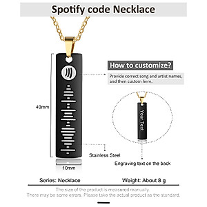 Personalized Music Spotify Scan Code Necklace Custom Bar Pendant Necklace for Women Men Engraved Name Necklace Stainless Steel Necklace Jewelry Gift(Black)