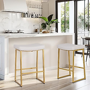 MAISON ARTS White & Gold Bar Stools Set of 2 for Kitchen Counter Backless Counter Height 24 Inches Saddle Stools Modern Gold Barstools Upholstered Faux Leather Stools Farmhouse Island Chairs