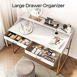 LINSY HOME Computer Desk with Drawers, 47-inch Writing Desk Study Table with Monitor Stand Riser for Home Office, White