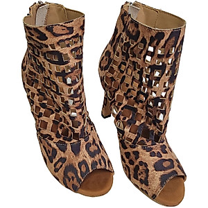 Beinimira Womens Hollow Out Latin Dance Shoes Peep Toe Mid Heel Leopard Boots Tango Latin Ballroom Chacha Leopard US 8.5