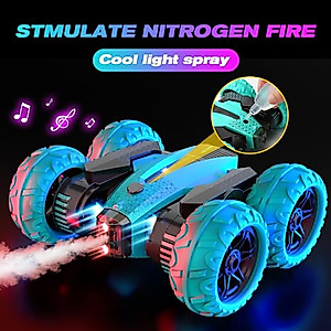 AEROQUEST Remote Control Car - Double Sided RC Stunt Car, 360°Rotating 4WD Off-Road RC Cars with Headlights& Music 2.4Ghz Indoor/Outdoor Rechargeable Toy Car for Boys Age 3-7 8-12 Birthday Xmas Gift