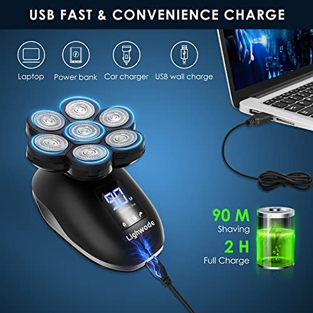 Head Shavers for Bald Men, Lighwode Waterproof 7D Blad Head Shaver Wet/Dry Anti-Pinch 5 in 1 Cordless LED Electric Razor Grooming Kit with Hair Clippers Beard Trimmer Nose Trimmer Cleansing Brush