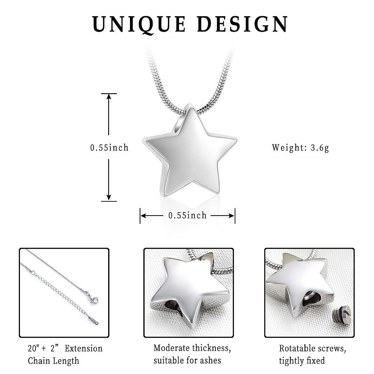 memorial jewelry Small Star Charm Cremation Urn Pendant Ashes Memorial Necklace for Woman Free Filling Kits Include (Steel)