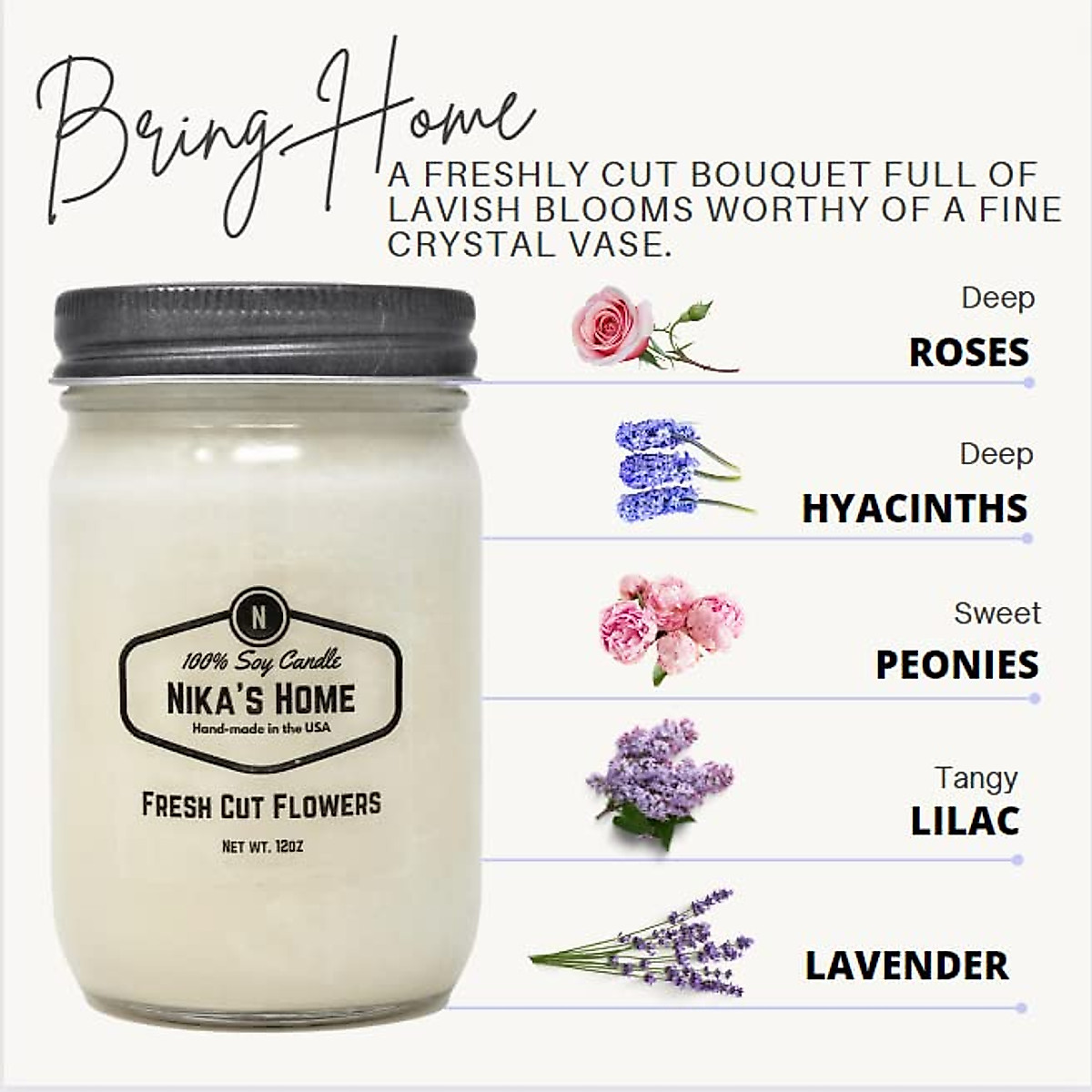 Nika's Home Fresh Cut Flowers Soy Candle 12oz Mason Jar Non-Toxic White Soy Handmade, Long Burning 50-60 Hours Highly Scented All Natural, Clean Burning Candle Gift Décor