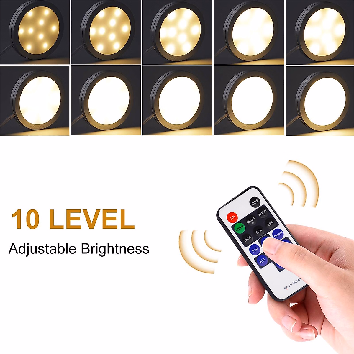 AIBOO Linkable LED Under Cabinet Lights Direct Wired 12V Slim Aluminum Dimmable Puck Lights with RF Remote Control for Accent Lighting (4 Lights, Warm White, NO Wall Plug)