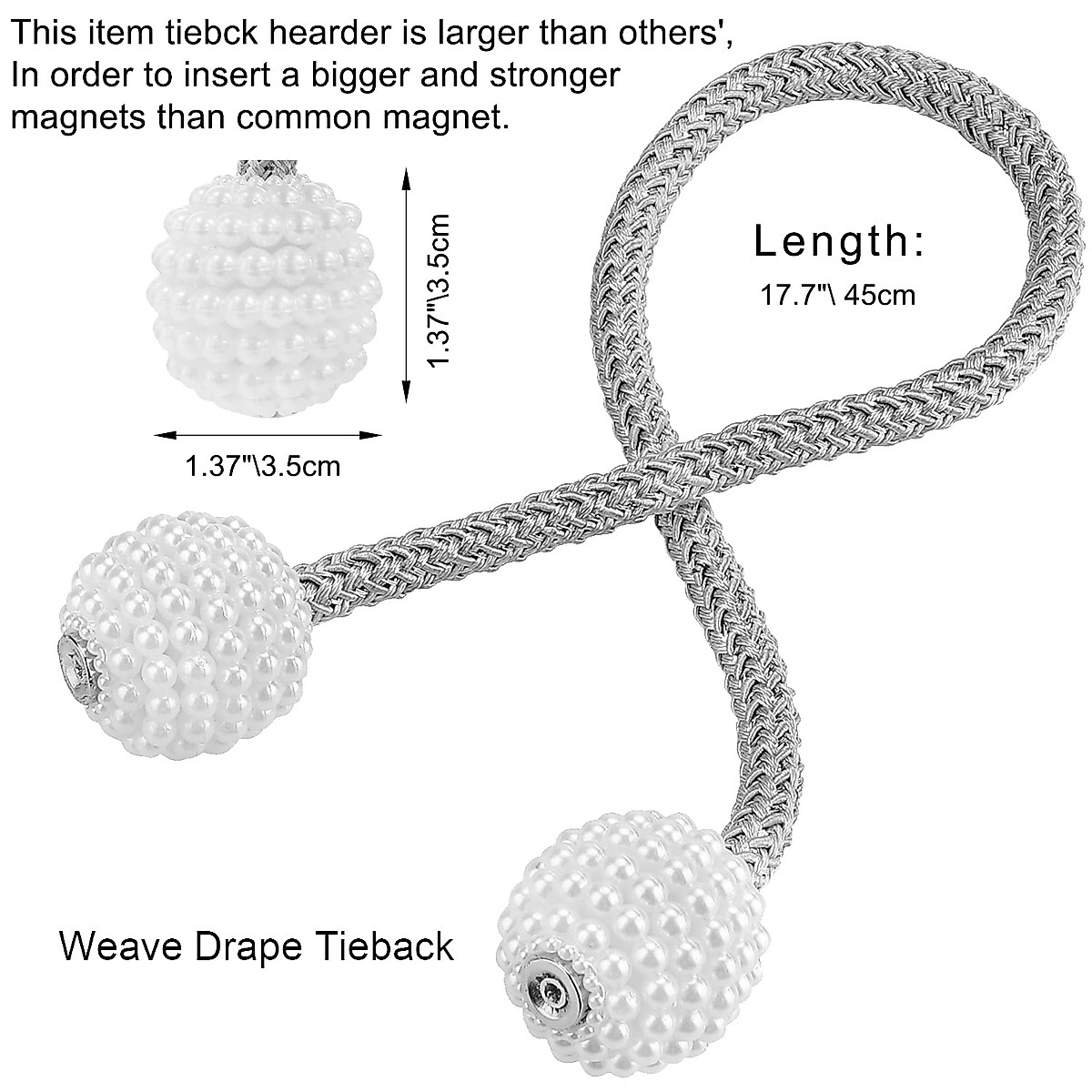 Pinowu Magnetic Curtain Tiebacks Convenient Drape Tie Backs (4pcs), Pearl Decorative Holdback Rope Holder for Small, Thin or Sheer Window Draperies (Gray)