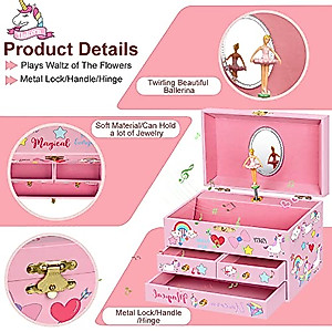 efubaby Musical Jewelry Box for Girls with Spinning Ballerina Unicorn Design, 3 Pullout Drawers, Unicorn Jewelry Set Included Kids Jewelry Box for Little Girls Valentine Gift, Waltz of Flowers Tune