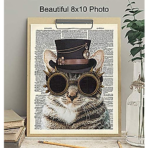 Steampunk Cat Wall Art - Funny Goth Cat Wall Decor Print for Bedroom, Veterinarian Office - Gift for Vet, Boys, Men, Teens, Women, Kitty, Kitten, Feline, Pet, Cat Lovers - Unique Gothic Dictionary Art