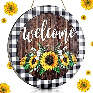 Jetec Sunflower Welcome Hanging Sign Front Door Decor Round Wooden Welcome Sign 12 x 12 Inches Buffalo Plaid Rustic Farmhouse Porch Decoration for Home, Restaurant, Shop