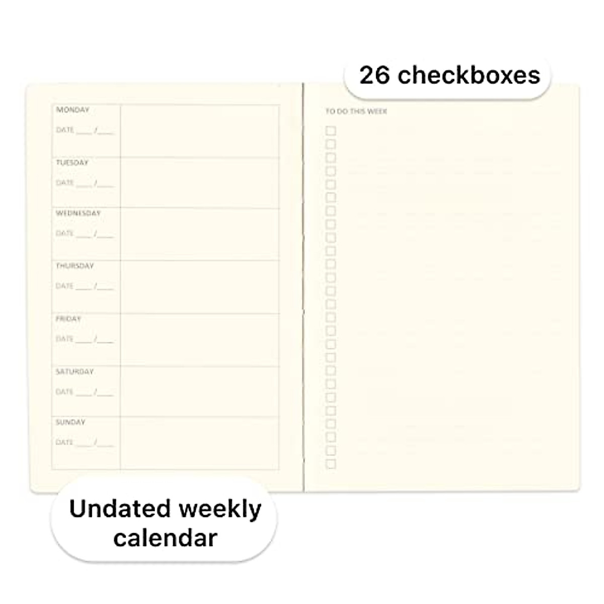 RICCO BELLO Undated Weekly Planner To Do Notebook | Faux Leather Hardcover, for Work, School, Home with Pen Loop, Bookmark, Band Closure, Storage Pocket, 5.7 x 8.4 Inches (Black)