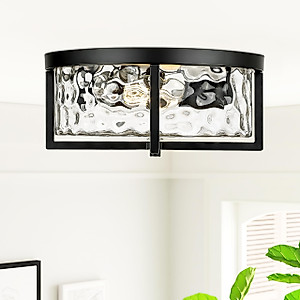 Odeums Indoor Flush Mount Lights, 2-Lights Interior Exterior Ceiling Lights Fixture, Antique Bronze Finish with Clear Hammered Glass