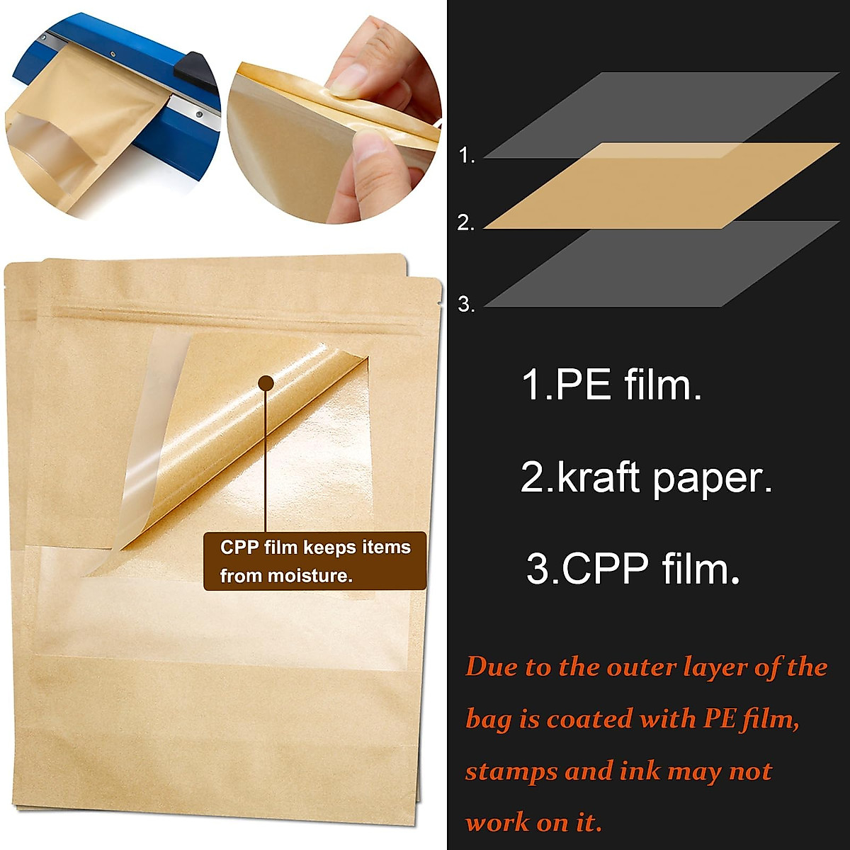 Stand Up Pouch Bags, 100 Pack Kraft Pouch with Tear Notch and Matte Window, Resealable Zip Lock Food Storage Bag (5.5IN X 7.9IN)