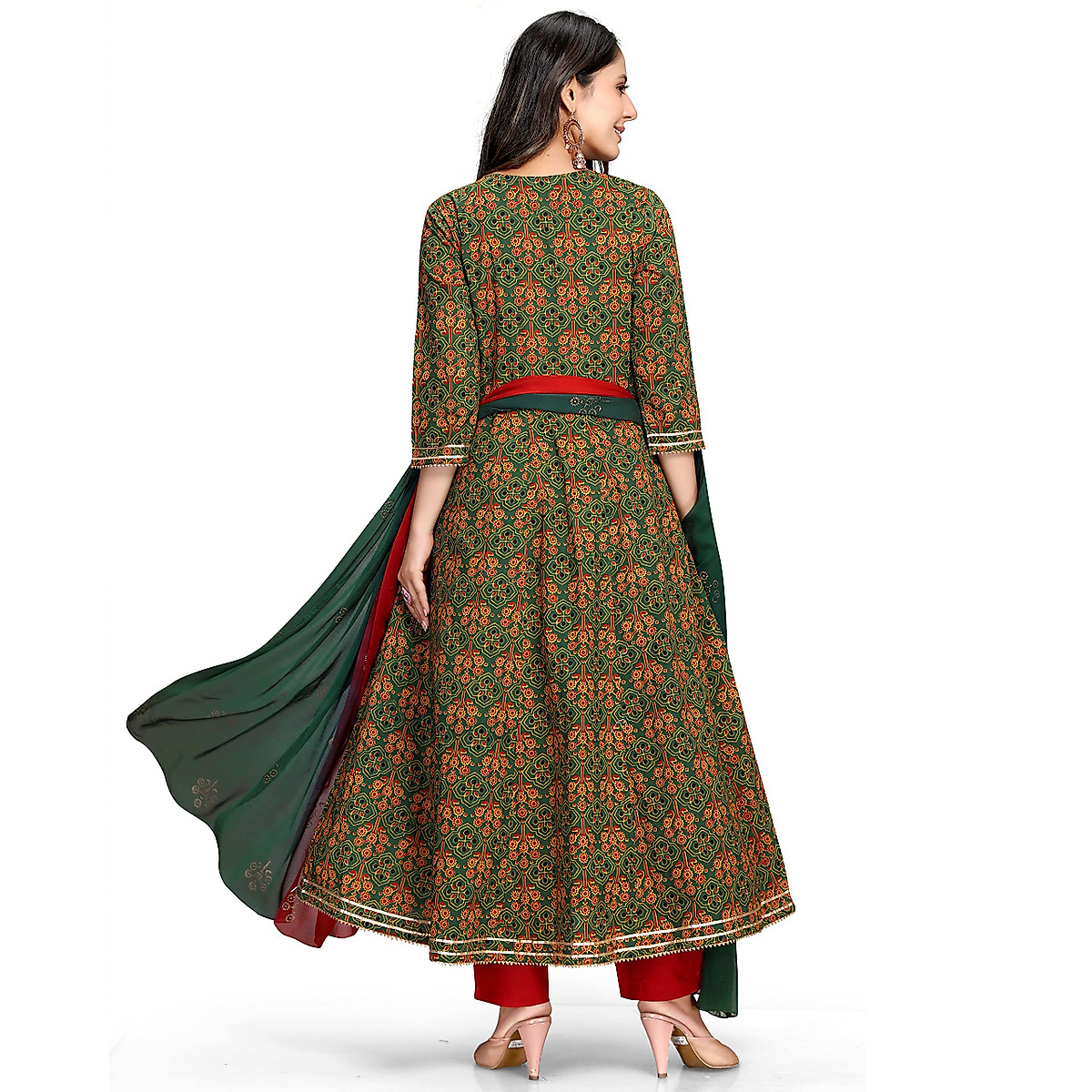 Rajnandini Women's Pure Cambric Cotton Embroidered Kurta Set With Dupatta (JOPLVL213-XXL_Green & Red_XXL)