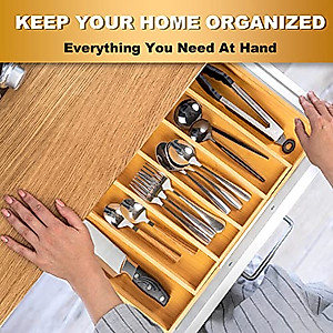 Besilord Expandable Utensil Organizer Silverware Organizer for Kitchen Adjustable Utensils Holder Bamboo Large Flatware Silverware Cutlery in Drawer