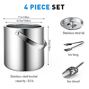 3L Double Wall Stainless Steel Ice Bucket with Lid,Scoop,Tongs, Insulated Ice Bucket for Cocktail Bar and Parties