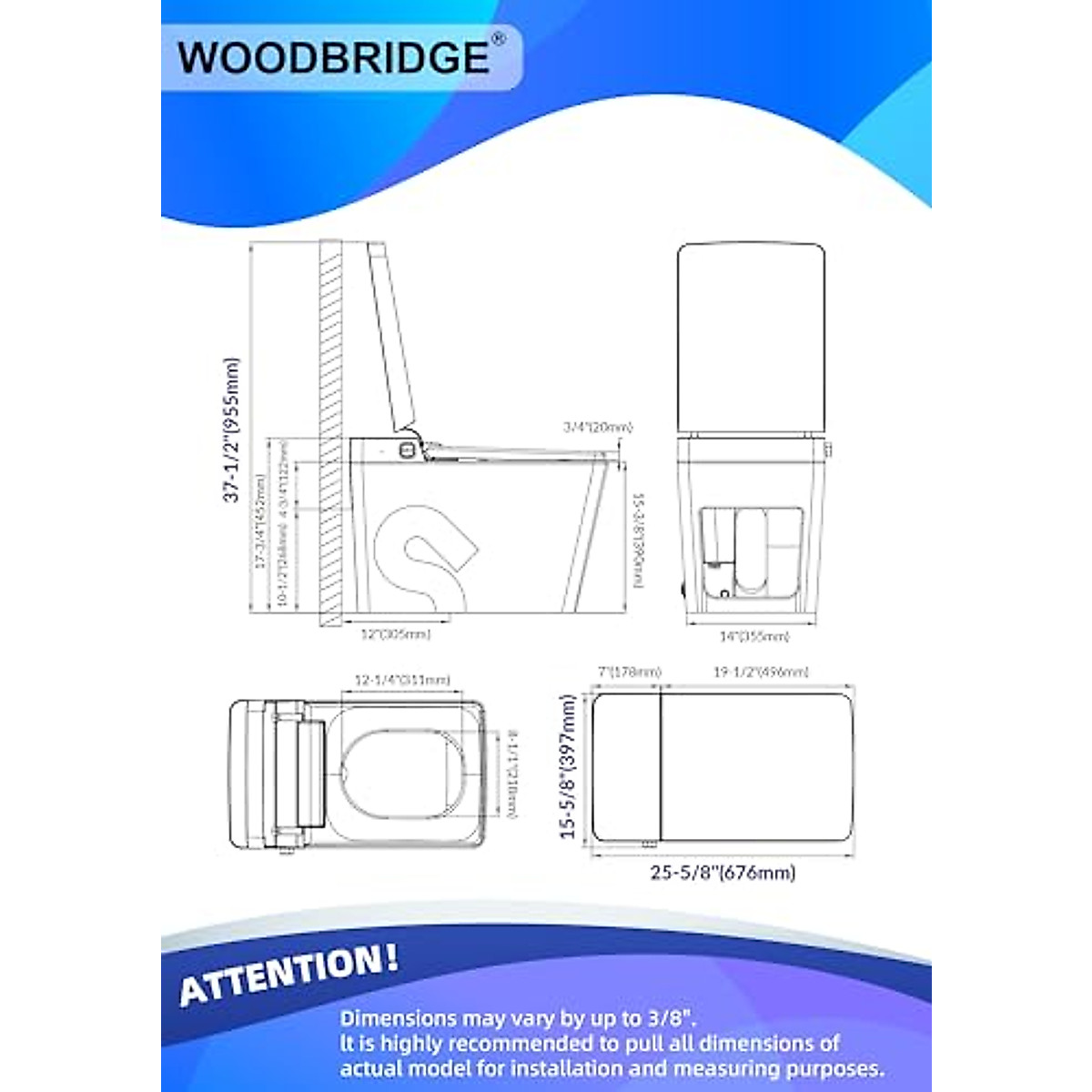 WOODBRIDGE Square Smart Bidet Toilet with Auto Open & Close, Foot Sensor, Auto Flush, Multiple Spray Modes, Heated Seat, Warm Water and Air Dryer, Auto LED Nightlight, Matte Black, EBT-MB03