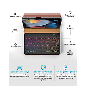 OPAKIT Leather Keyboard Case for iPad 9th/8th/7th Generation 10.2 inch, iPad Pro 10.5-inch Air 3rd Case with Pencil Holder, 7 Color Backlight BT Keyboard (2021/2020/2019/2017), Brown