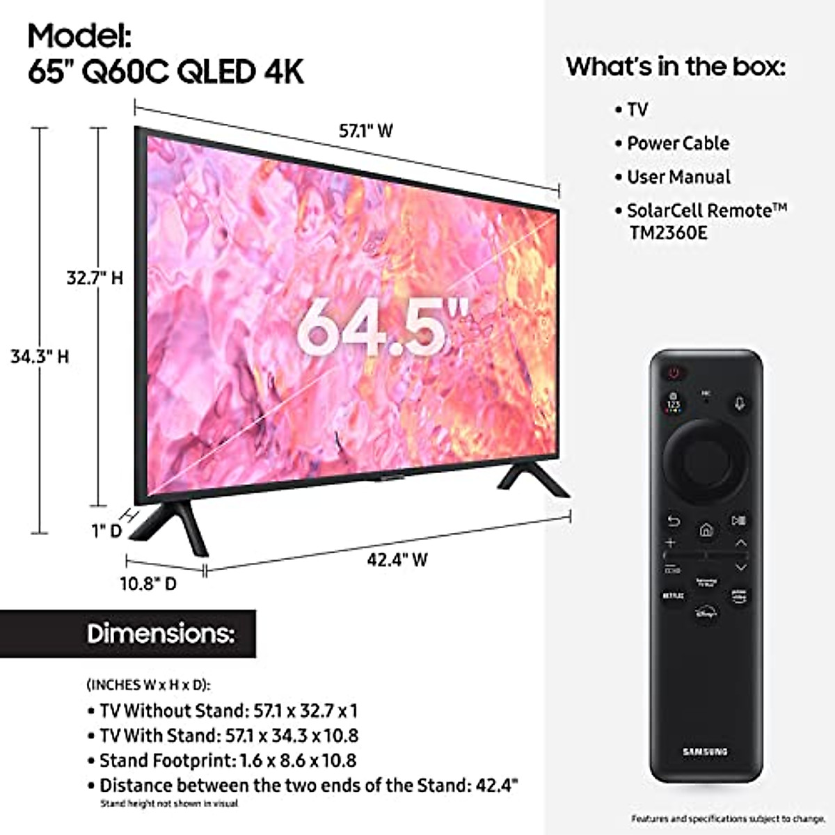SAMSUNG 65-Inch Class QLED 4K Q60C Series Quantum HDR, Dual LED, Object Tracking Sound Lite, Q-Symphony, Motion Xcelerator, Gaming Hub, Smart TV with Alexa Built-in (QN65Q60C, 2023 Model),Titan Gray