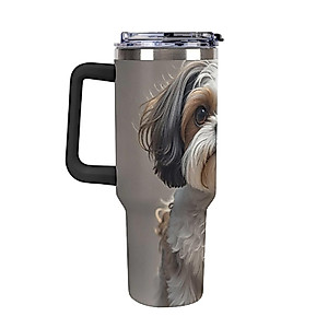 DWVSFJM Shih Tzu Dog Insulated Tumbler 40 Oz Stainless Steel Double Wall Vacuum Travel Mug Large Capacity Car Cup Reusable Coffee Cup with Handle And Straw Lid Gifts Black