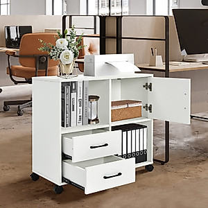 Giantex Printer Stand Under Desk - Mobile File Cabinet with 2 Drawers, Lateral Cabinet, 2 Open Compartments, Lateral Rolling Filing Cabinet on Wheels for Home & Office Use Printer Table (White)