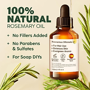 Kukka Rosemary Oil for Hair - 100% Natural Rosemary Hair Oil - Rosemary Essential Oils for Skin, Diffuser & Aromatherapy - Soap Making & DIY (4 Fl Oz).
