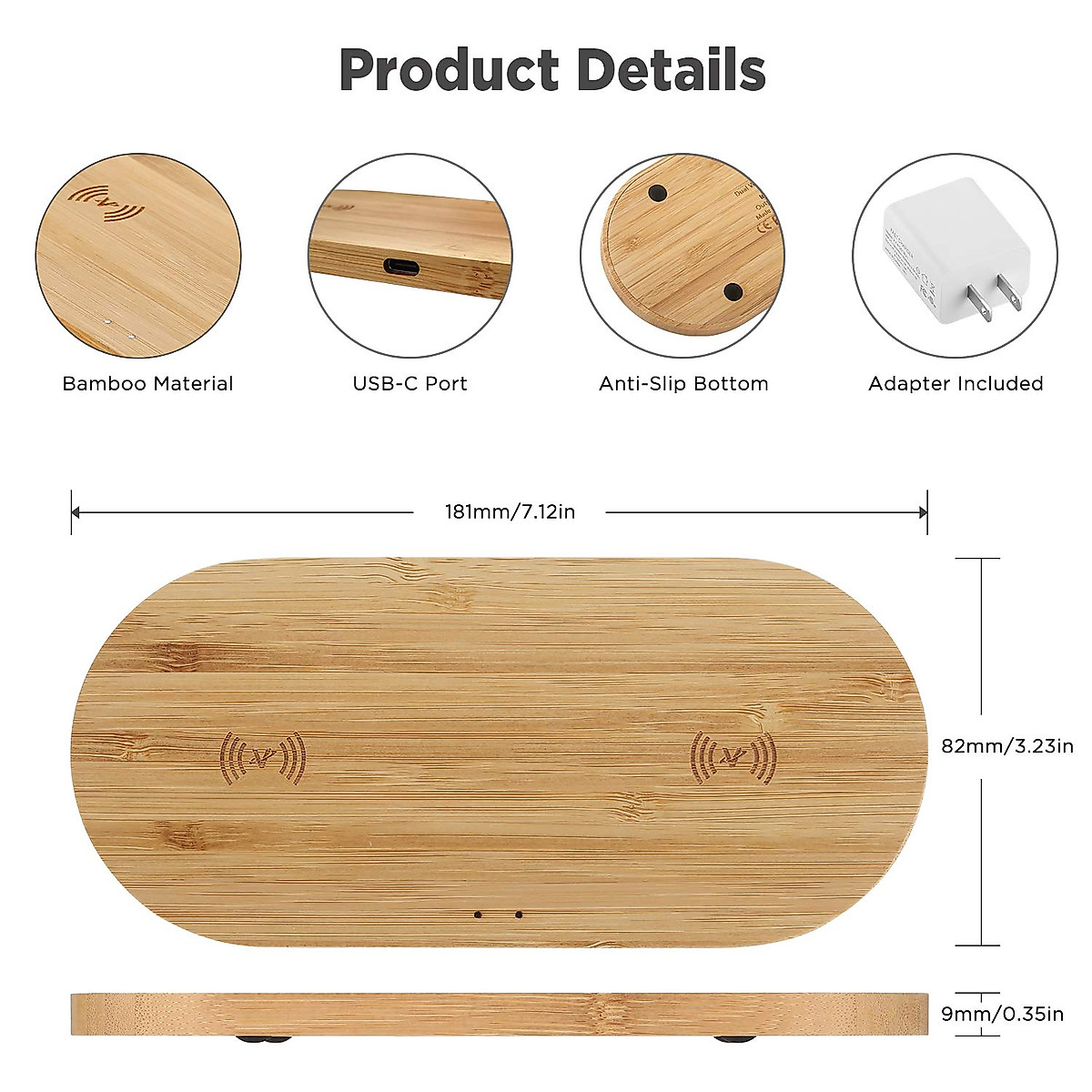 Veelink Bamboo Dual Wireless Charger, Double 10W Wireless Charging Pad Compatible iPhone SE 2020/11/Xs MAX/XR/XS/X/8/8, Samsung S20/S10/S9/S8/Note 20 (Adapter Included)