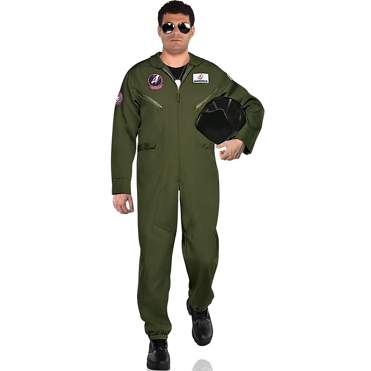 Party City Top Gun: Maverick Flight Costume for Men, Halloween, Plus Size, Olive Green Jumpsuit with Zipper
