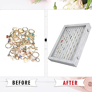 Siveit Rings Organizer Tray 10 Slots Velvet Ring Display Tray Insert Jewelry Earring Storage Box with Transparent Glass lid Can Hold 100 Rings Earrings Suitable for Girls and Women (Grey)