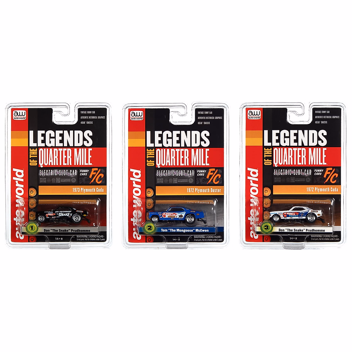 Auto World 4Gear Hot Wheels - Don The Snake Prudhomme/Snake II 1972 Plymouth Cuda Funny Car (White with Flames) HO Scale Slot Car