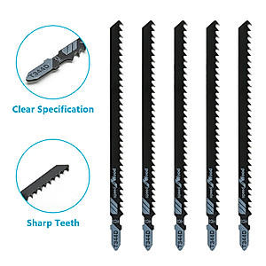 Qjaiune 5Pcs T344D T-Shank Jigsaw Blades, 6 Inch Long Jigsaw Blades High Carbon Steel Jig Saw Blade for Quick Cutting Wood Plywood Hardwood PVC Plastic