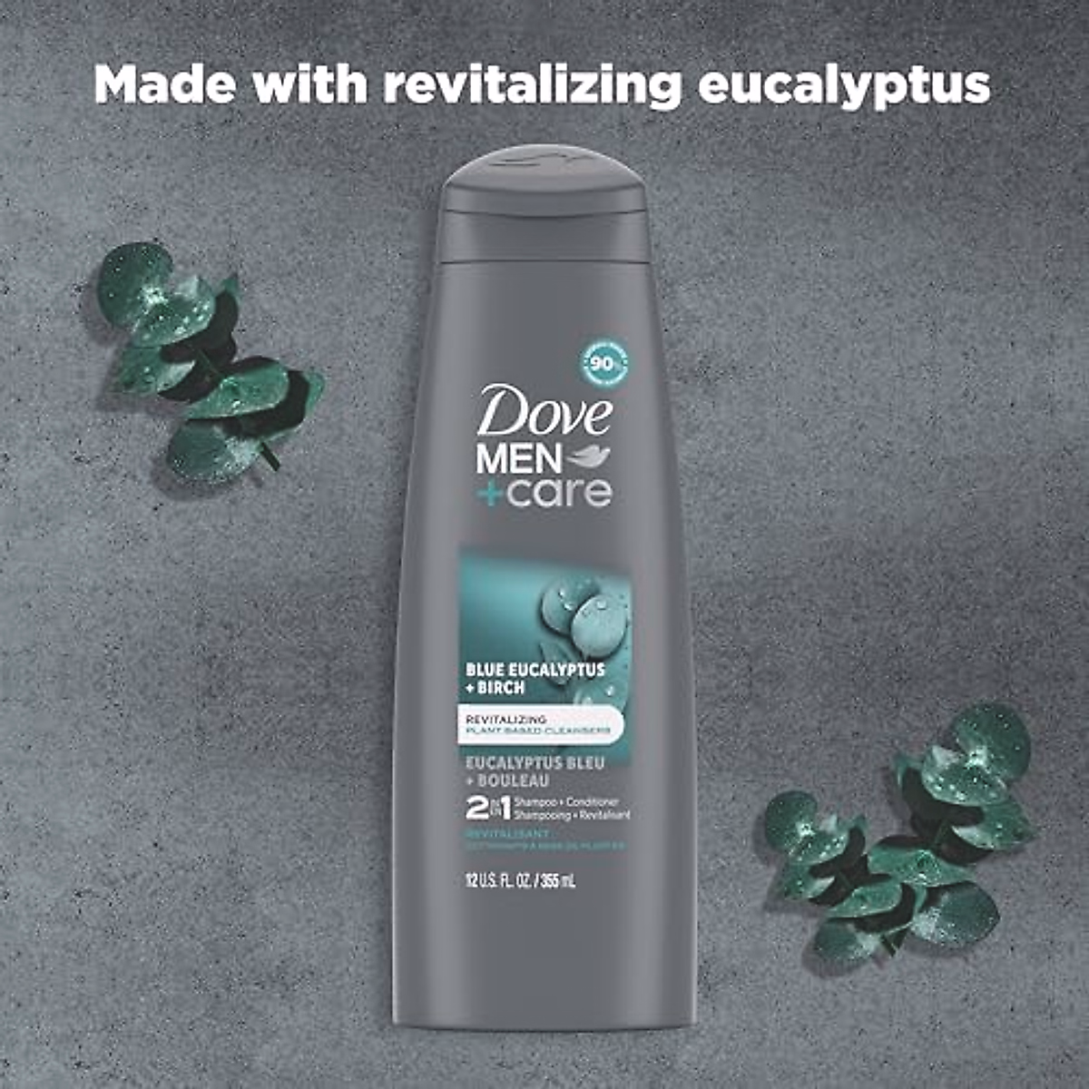 Dove Men+Care 2 in 1 Shampoo & Conditioner Eucalyptus & Birch For Healthy-Looking Hair Naturally Derived Plant Based Cleansers 12 oz