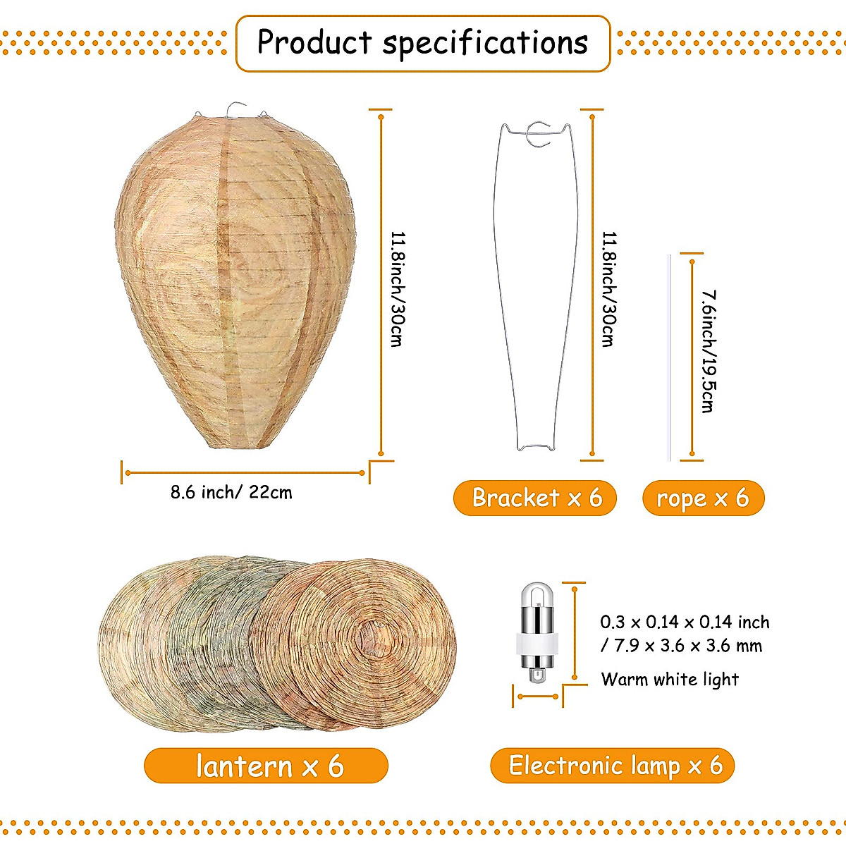 6 Pieces Waterproof Wasp Nest Decoy Fake Cloth Wasp Nest 12 LED Outdoor Paper Lantern with Paper Lantern Light for Home and Garden Outdoor